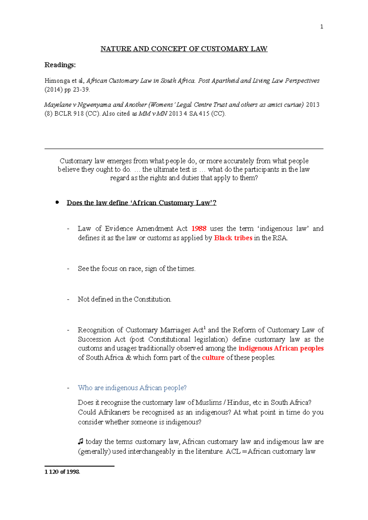 6 - Notes/outline - NATURE AND CONCEPT OF CUSTOMARY LAW Readings ...