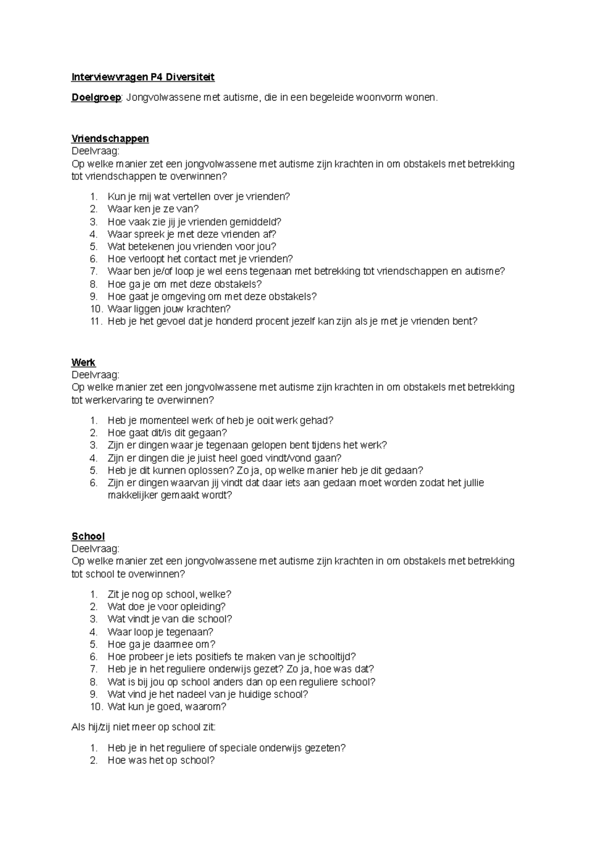 Interviewvragen voor 'jongvolwassene met autisme' - Interviewvragen P4 ...