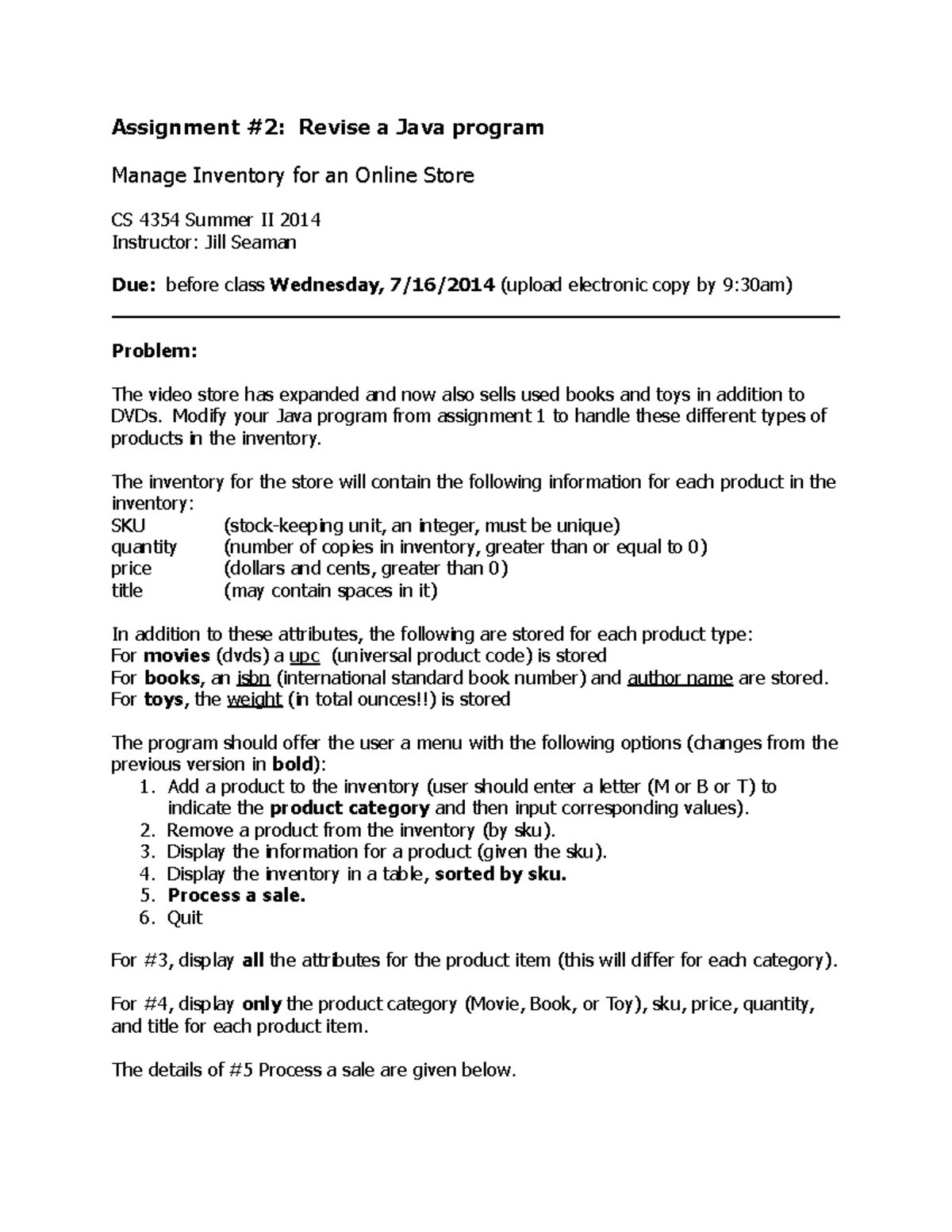 Assignment 2 - CS 4354 - Assignment #2: Revise a Java program ! Manage Inventory for an Online ...
