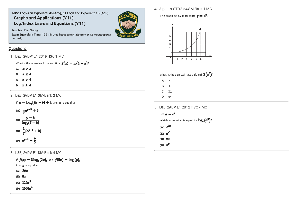 E1 Logs and Exp - Maths - 1. L&E, 2ADV’ E1 2019 HSC 1 MC 2. L&E, 2ADV ...