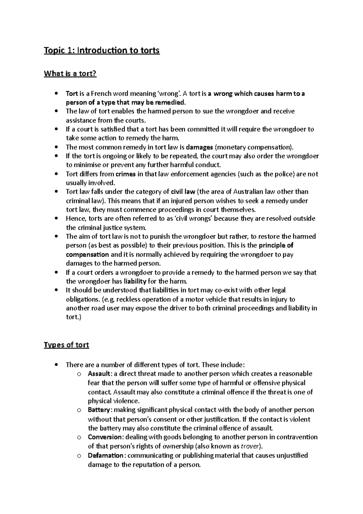 Enterprise Law (module 2) - Topic 1: Introduction to torts What is a ...