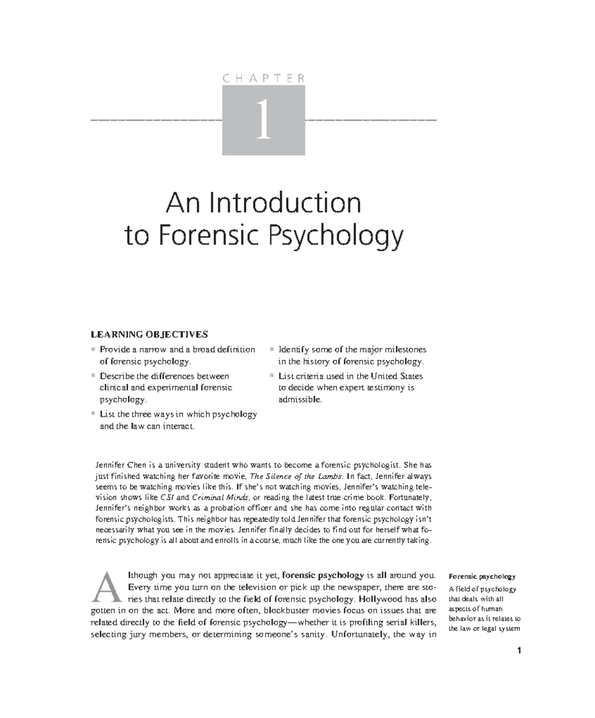 Chapter 1 forensic psychology - 1 Jennifer Chen is a university student ...