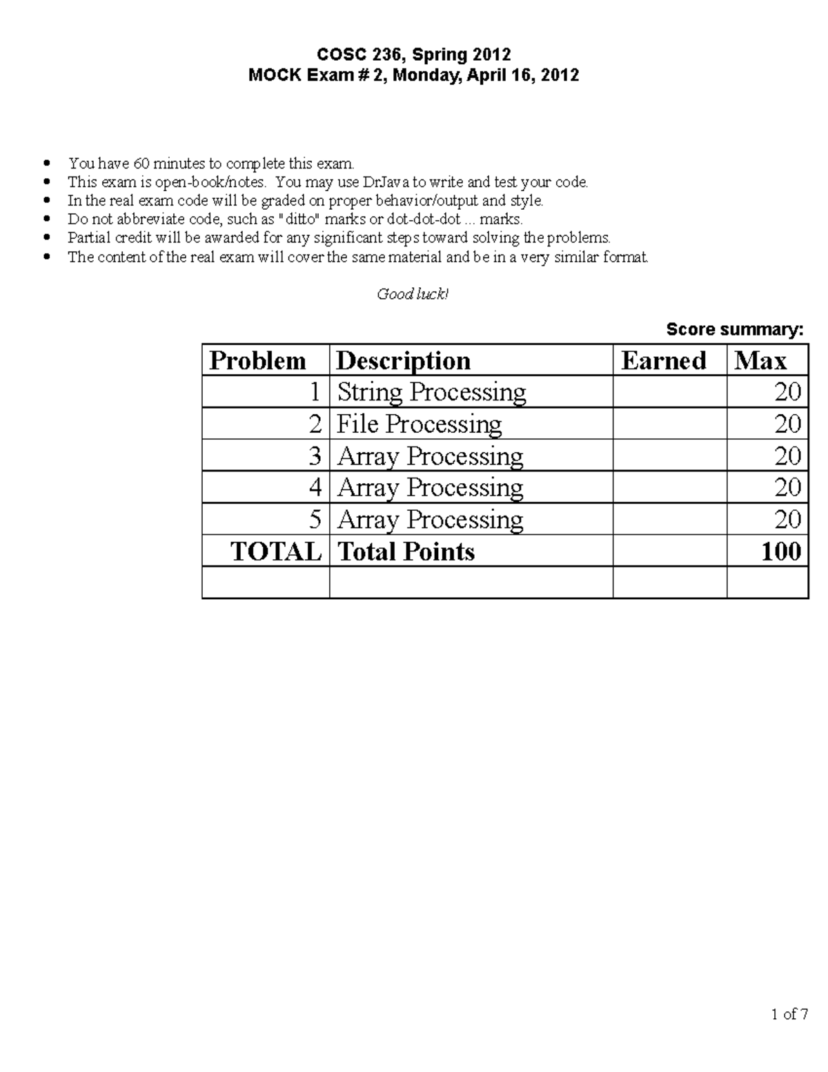 Mock Exam 2 - mock exam - COSC 236, Spring 2012 MOCK Exam # 2, Monday ...