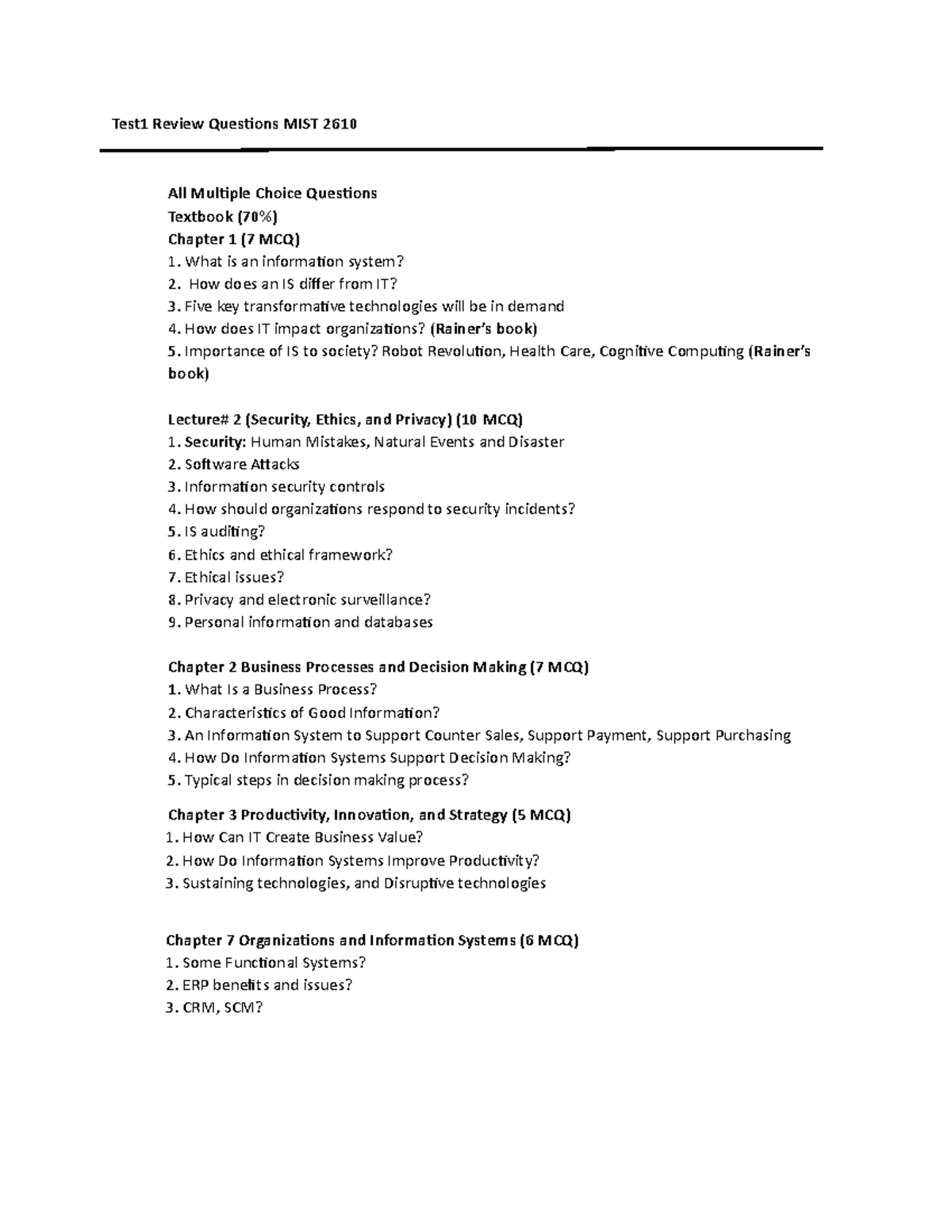 Test1Review MIST 2610-W23 - Test1 Review Questions MIST 2610 All ...