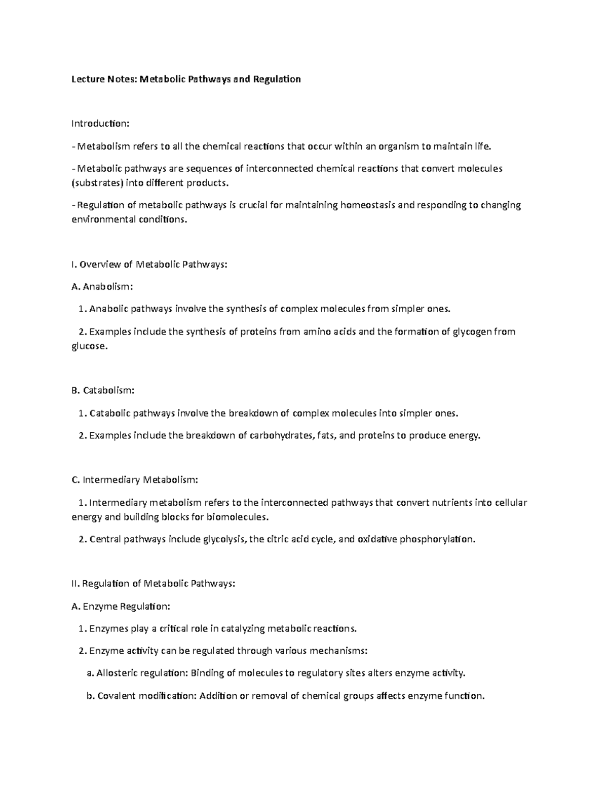 Lecture Notes Metabolic Pathways And Regulation Lecture Notes Metabolic Pathways And