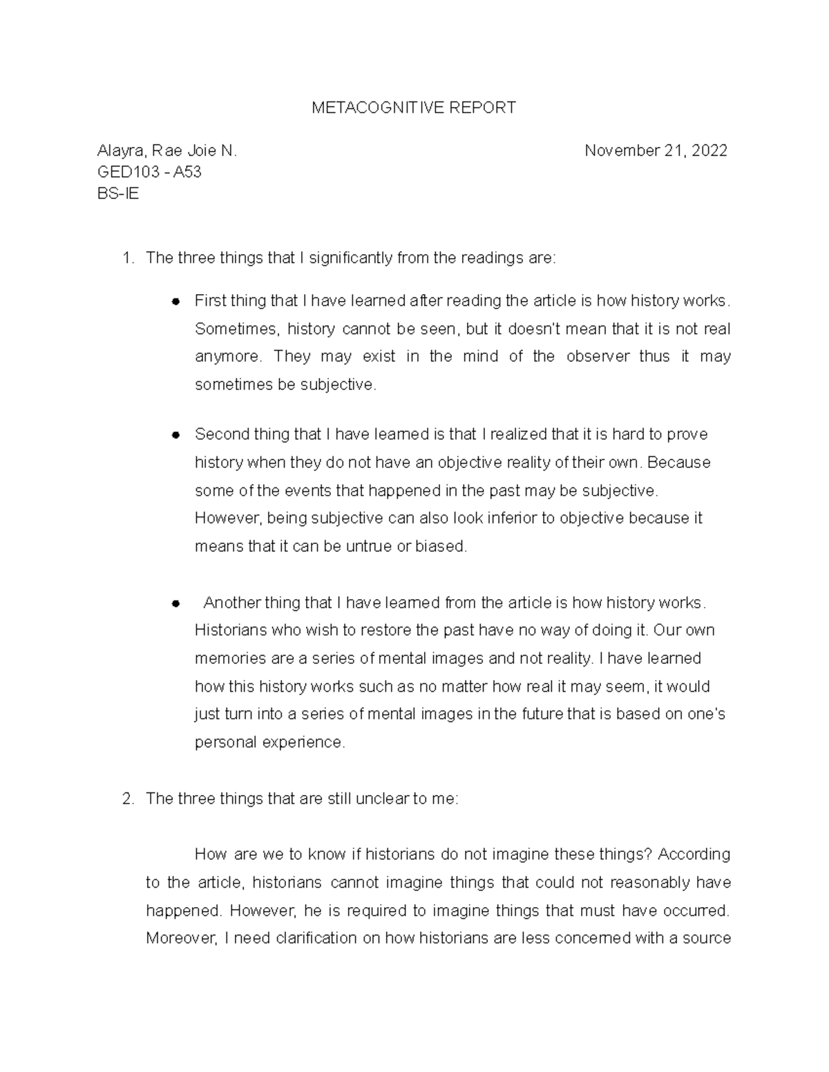 GED103-MRR1 Alayra - essay - METACOGNITIVE REPORT Alayra, Rae Joie N ...