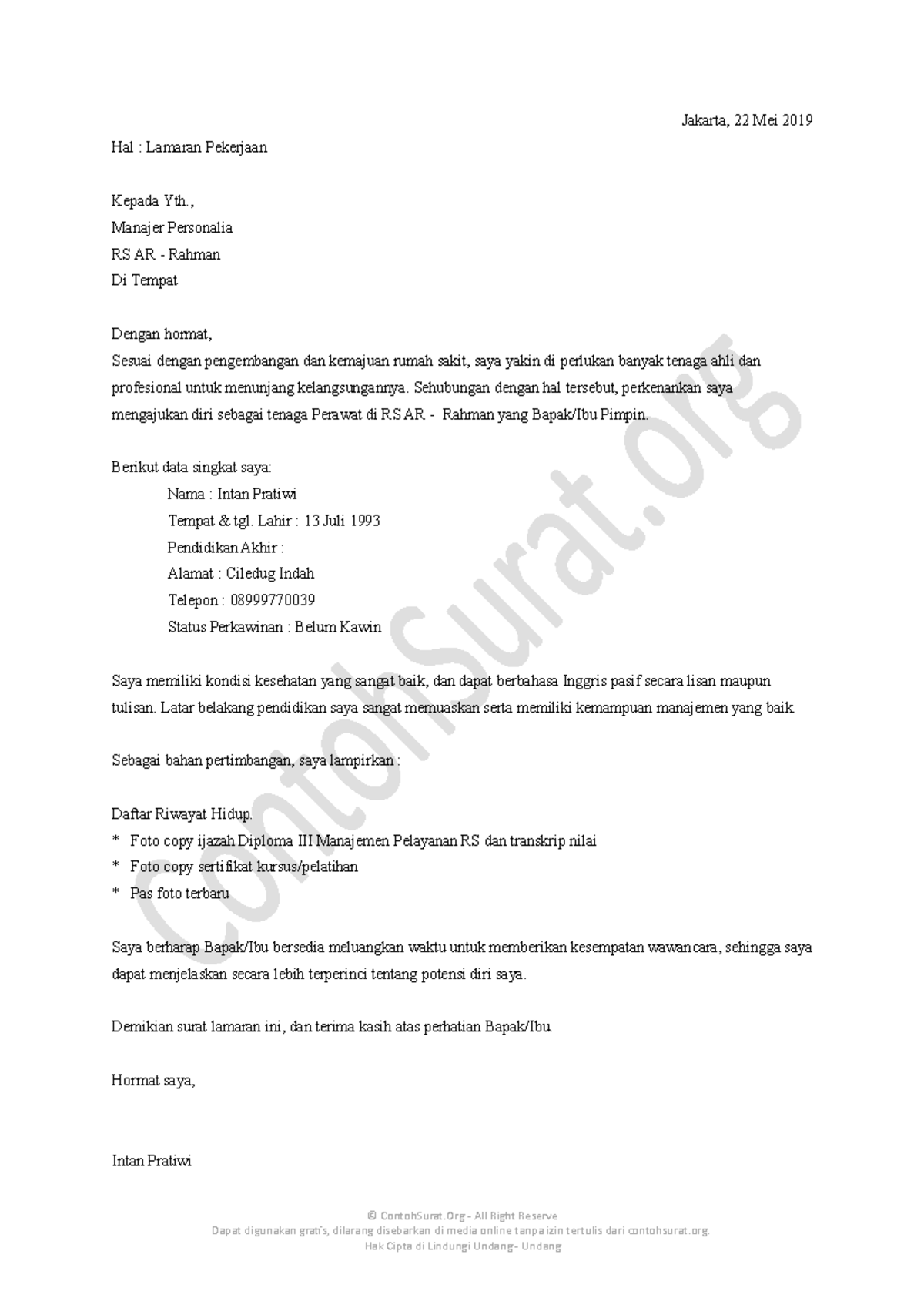 Contoh Surat Lamaran Kerja Perawat - Jakarta, 22 Mei 2019 Hal : Lamaran ...