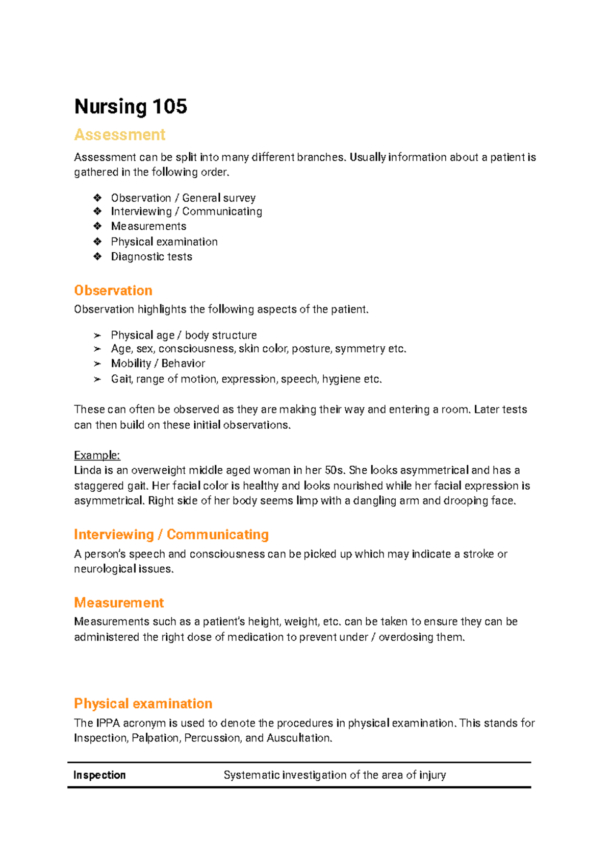 Nursing 105 notes - complete - Nursing 105 Assessment Assessment can be ...