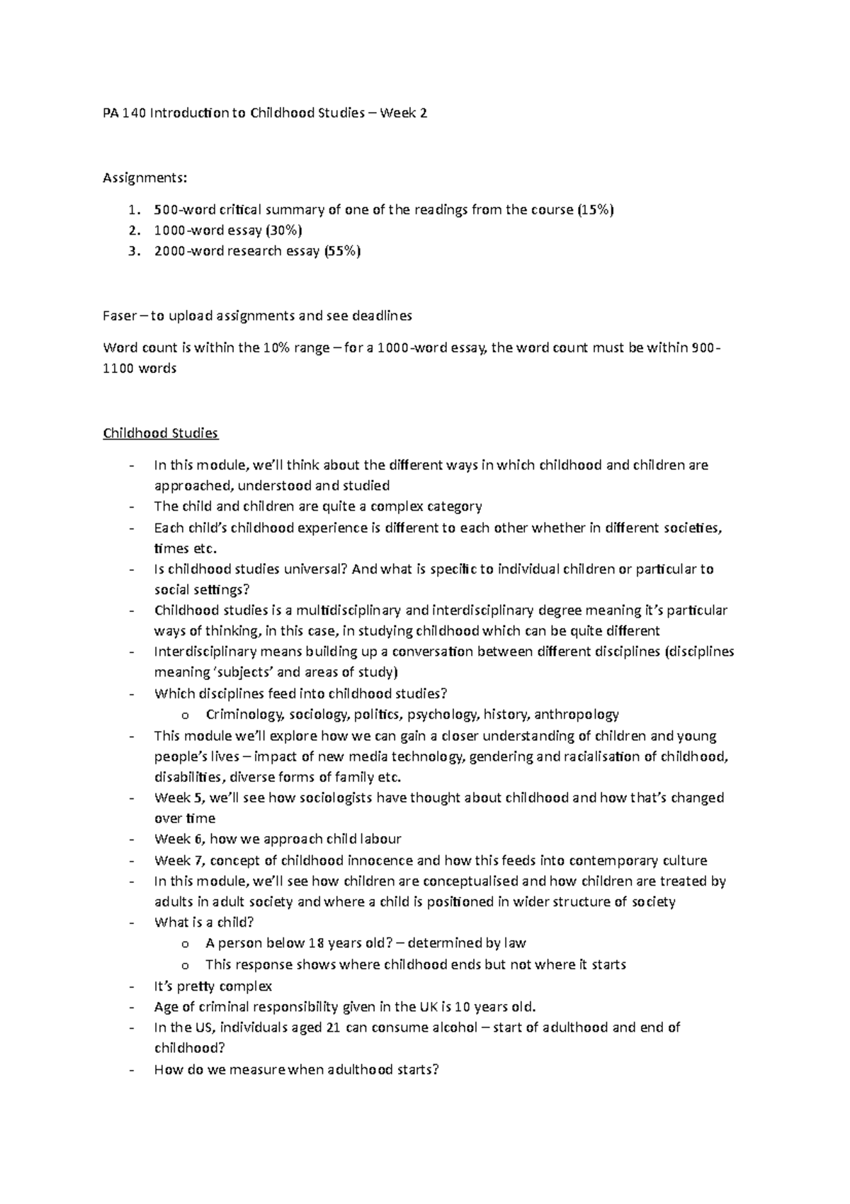 PA140 Week 2 lecture - Introduction to Childhood Studies. Module ...