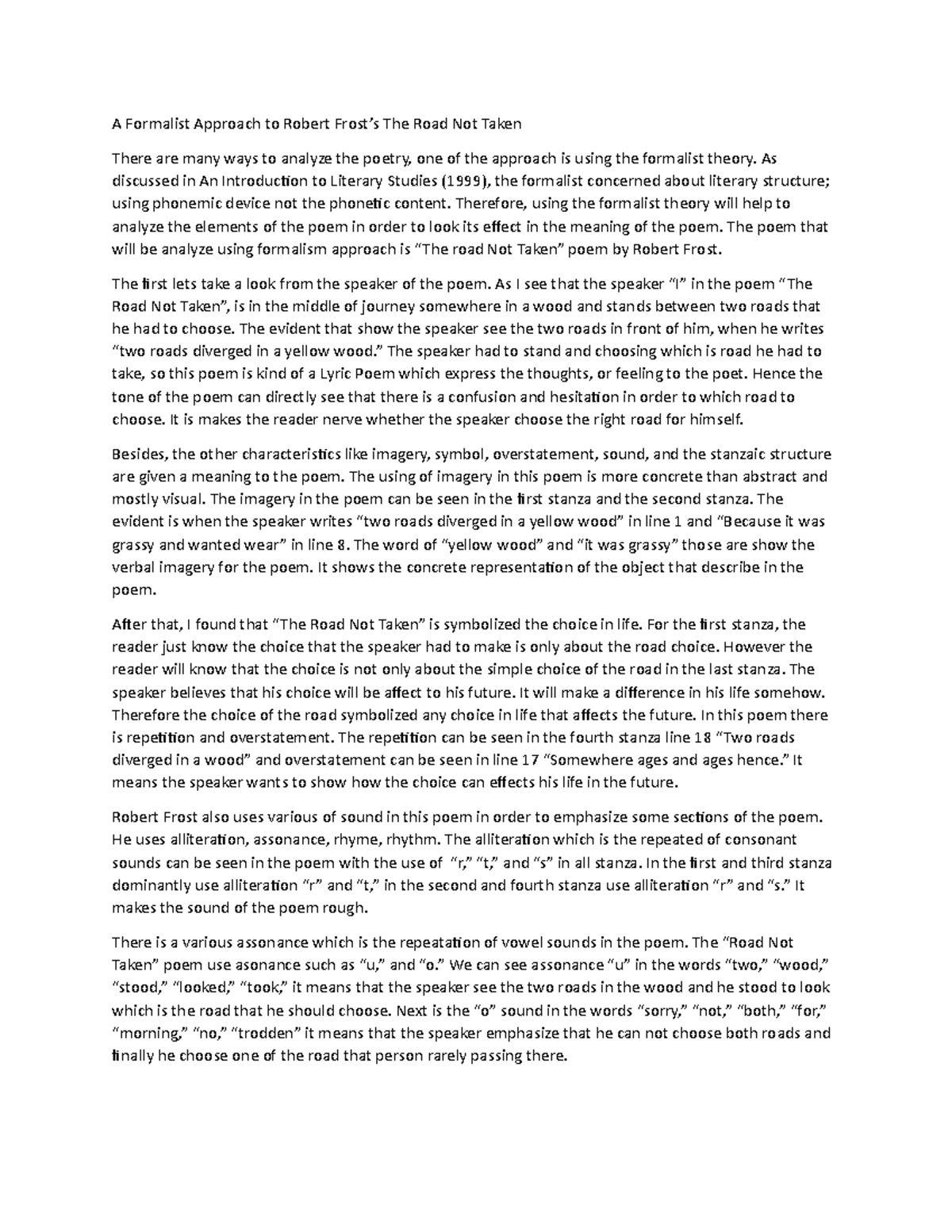 A Formalist Approach to Robert Frost - As discussed in An Introduction ...
