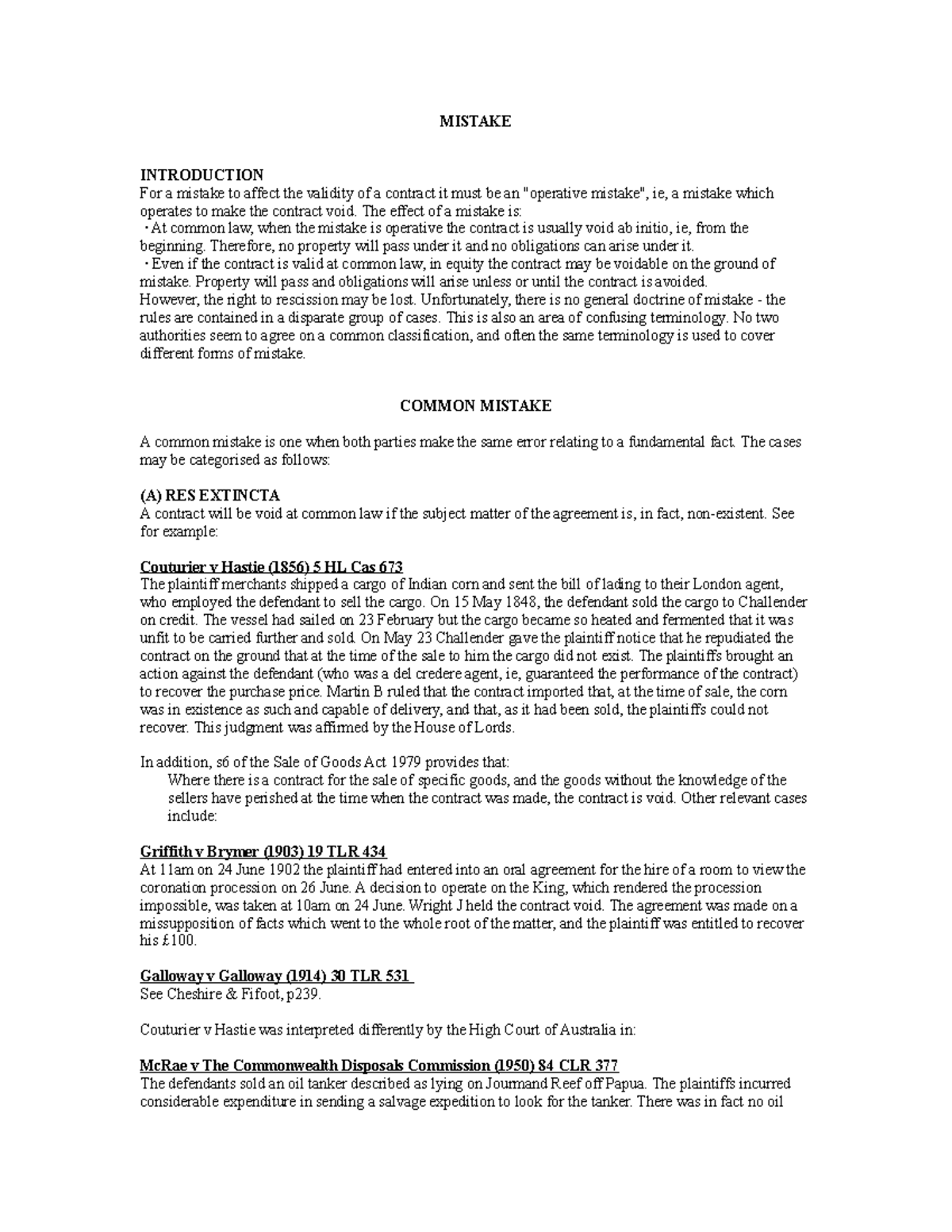 Mistake complete 2 - notes - MISTAKE INTRODUCTION For a mistake to ...