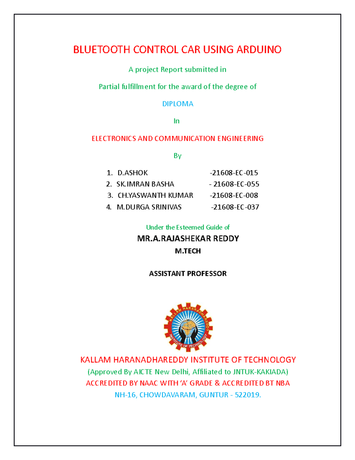 Document 1 - BLUETOOTH CONTROL CAR USING ARDUINO A project Report submitted in Partial ...