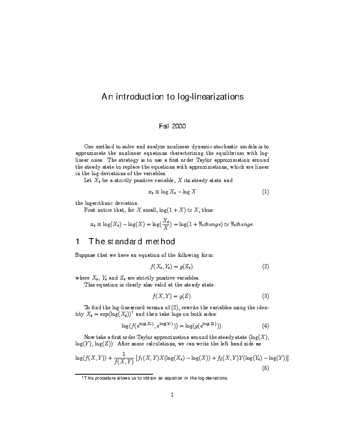 Loglinearization notes - An int roduct ion t o log-linearizat ions Fall ...