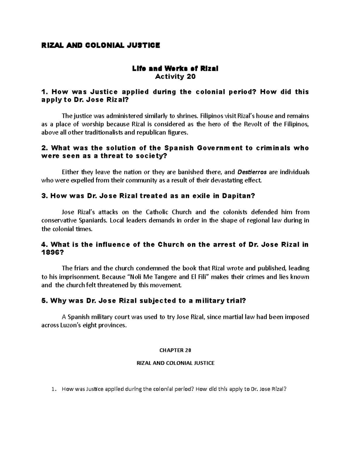 RN20 - Rizal-Chapter-20 - RIZAL AND COLONIAL JUSTICE Life and Works of ...