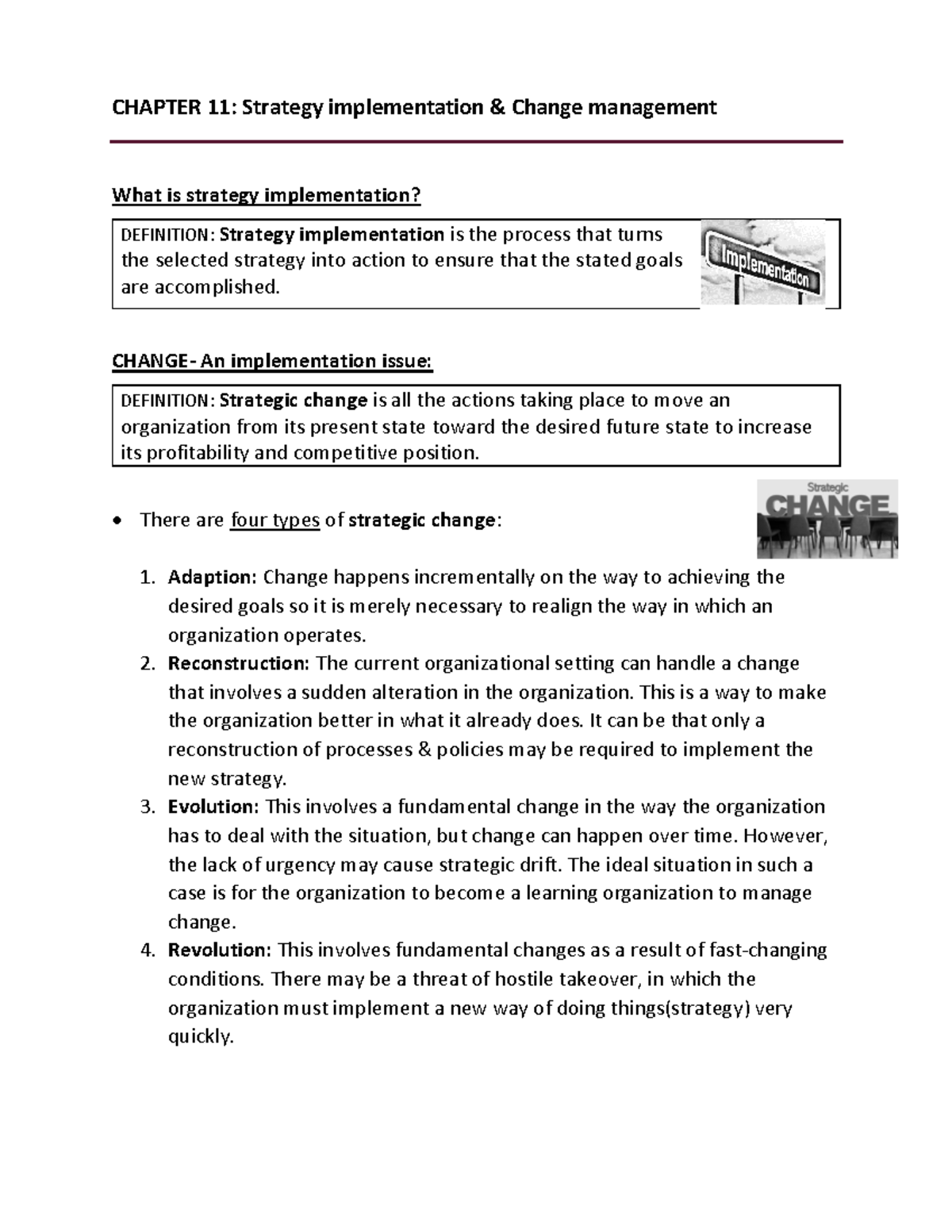 Chapter 11 - CLASS NOTES - CHAPTER 11: Strategy implementation & Change ...