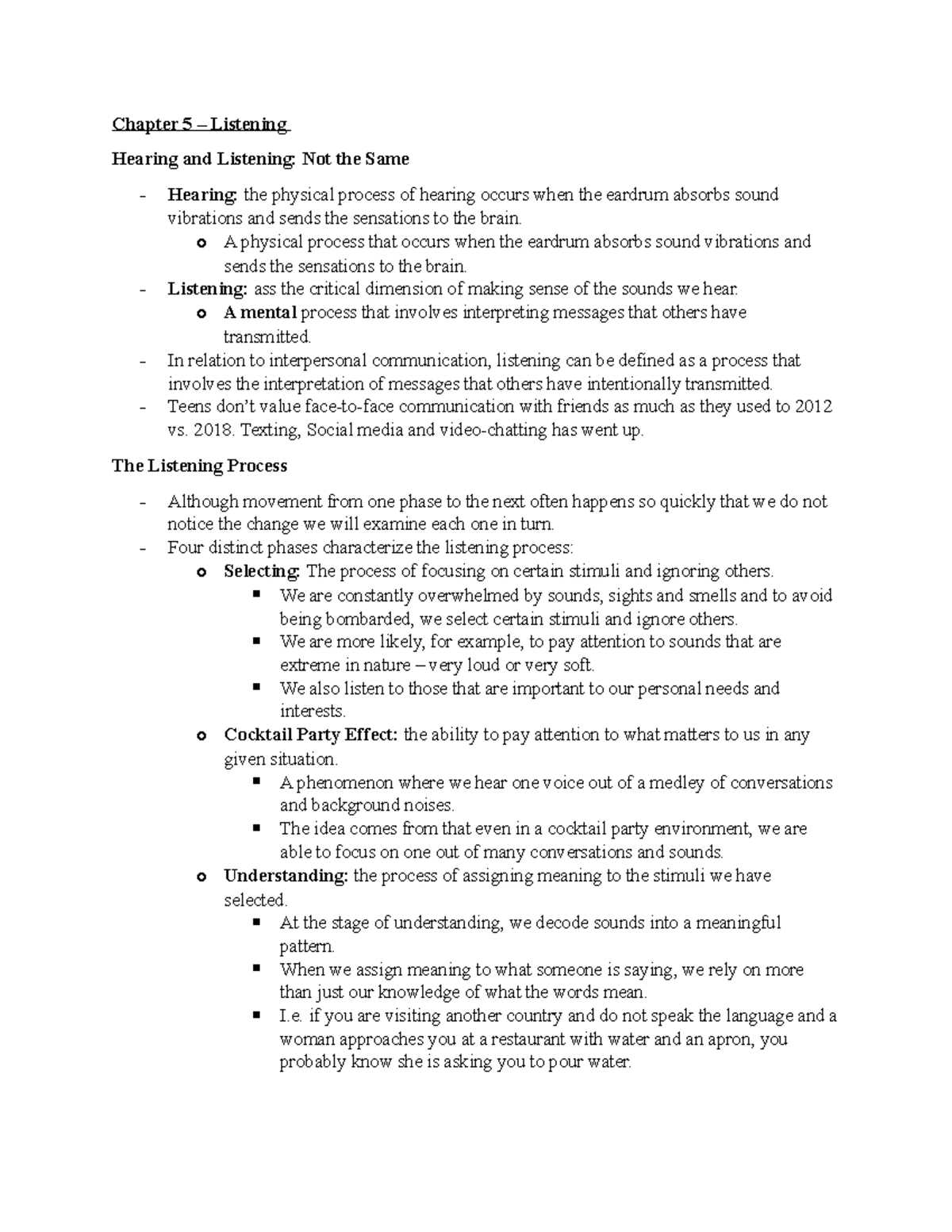 Chapter 5 - Listening - Chapter 5 – Listening Hearing and Listening ...