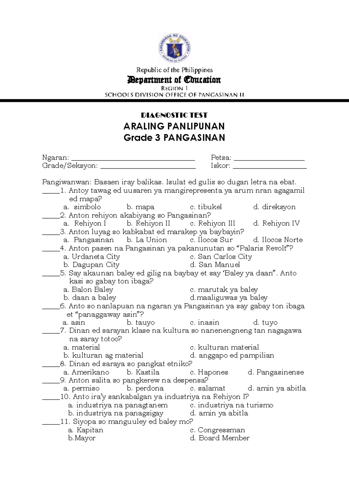 Diagnostic Test in AP3 with TOS - Republic of the Philippines ...