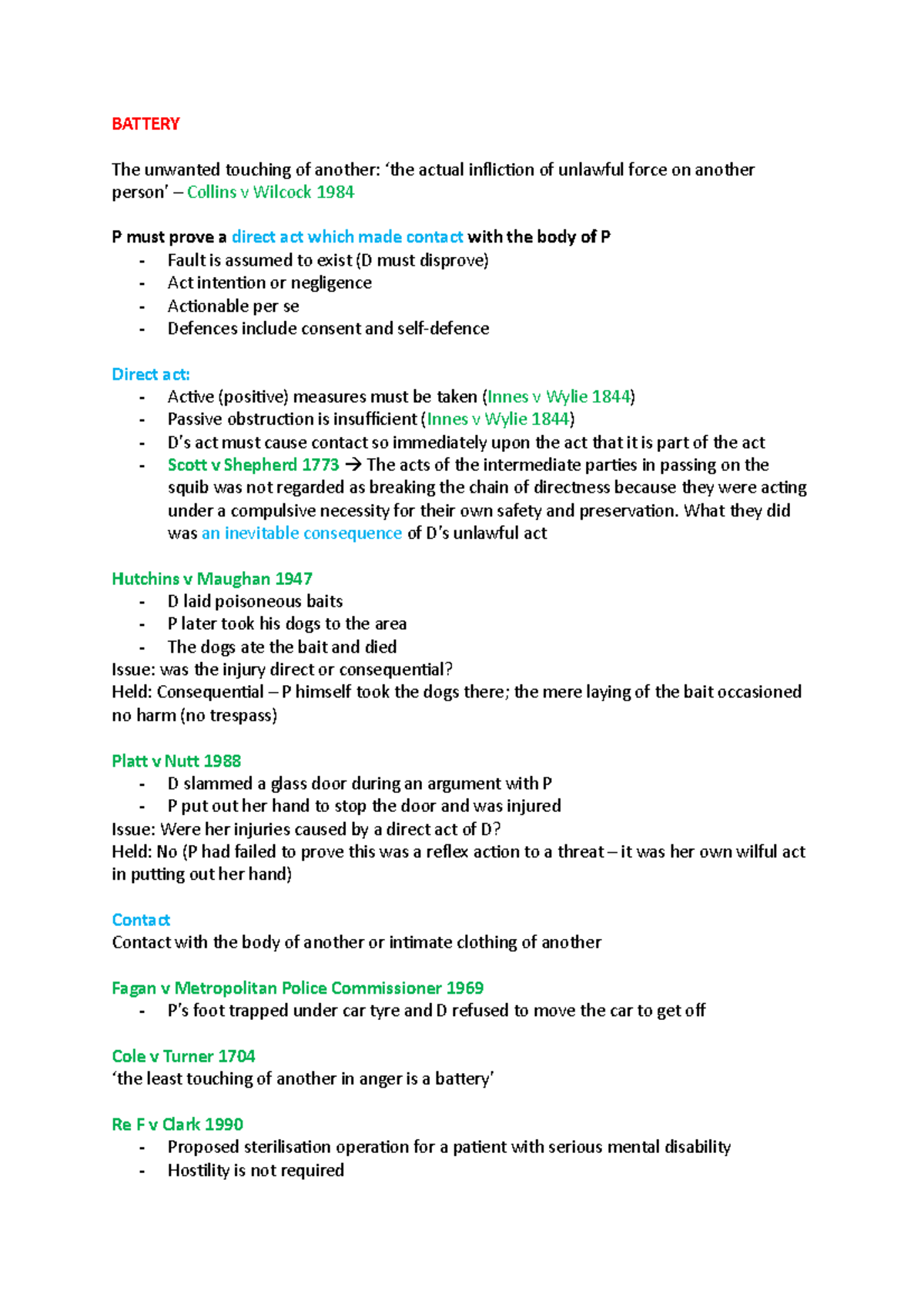 Battery and tresspass torts notes - BATTERY The unwanted touching of ...