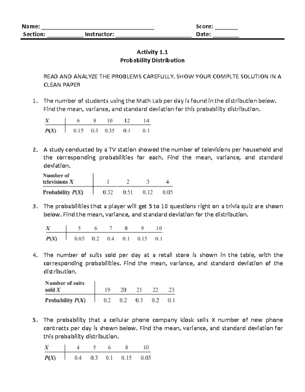 Probability Distribution (Activity 1) - Name ...
