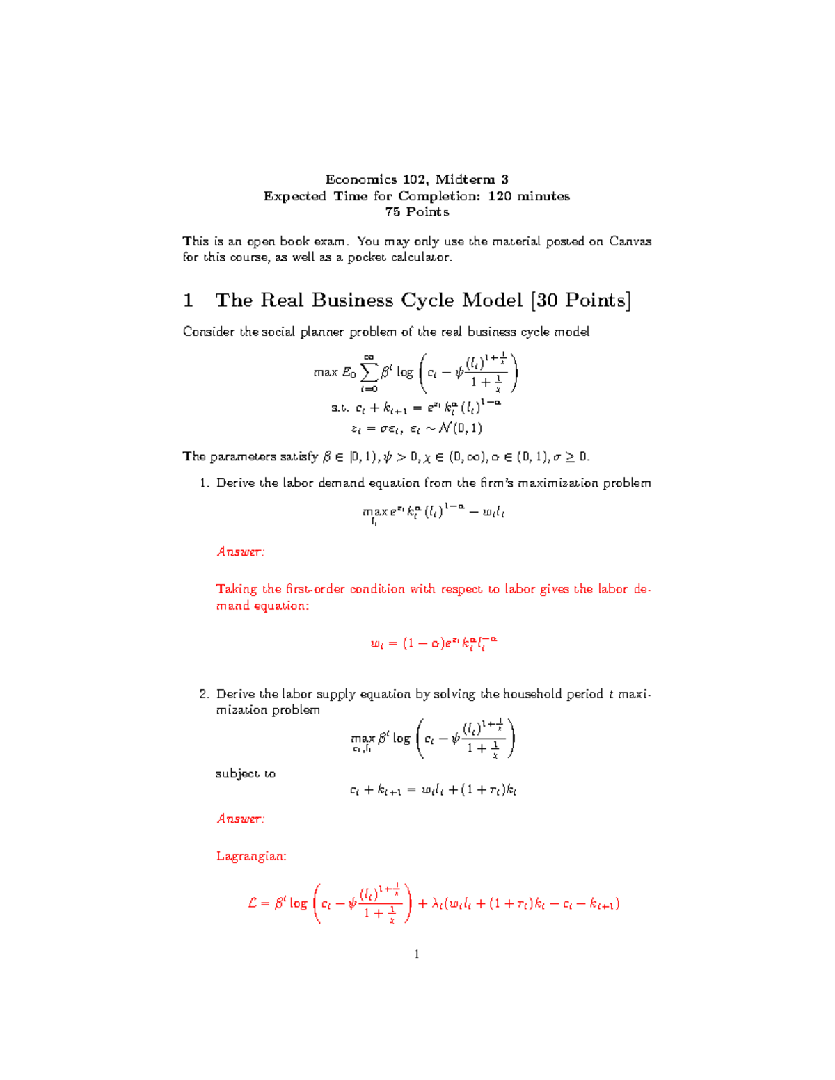 ECON 102 Exam 3 Answer Key - Economics 102, Midterm 3 Expected Time for ...