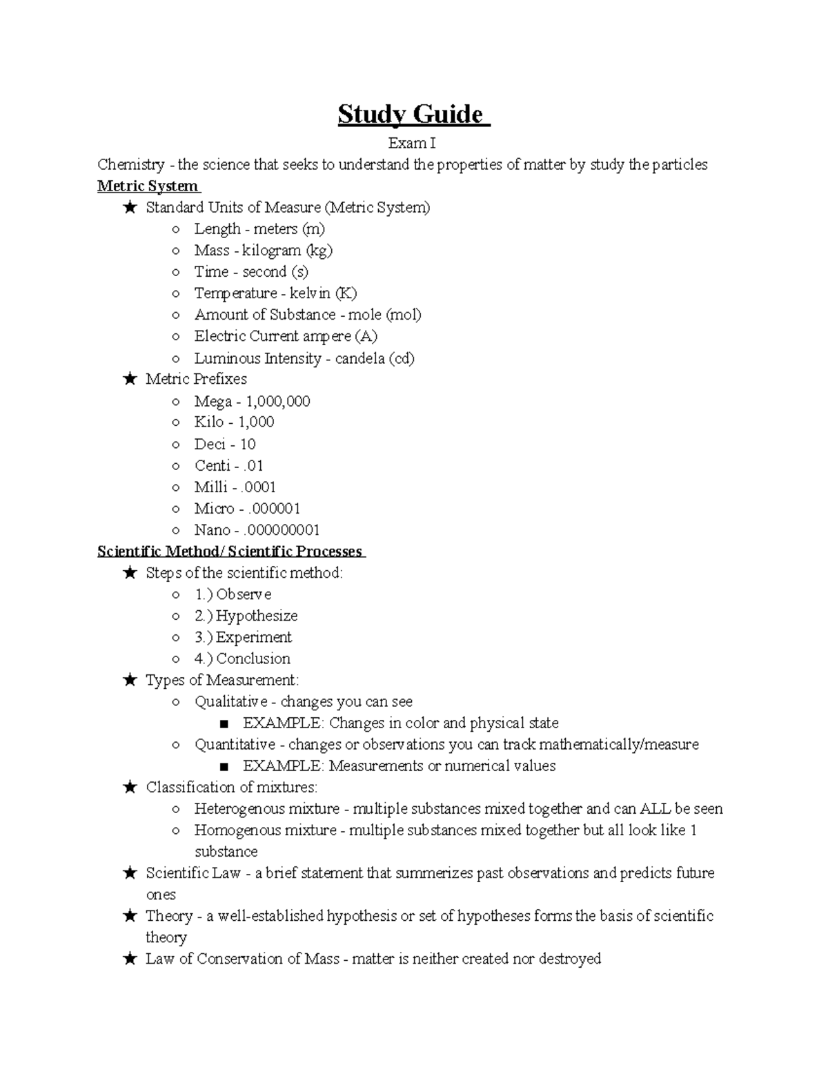 General Chemistry Exam I Study Guide - Study Guide Exam I Chemistry ...