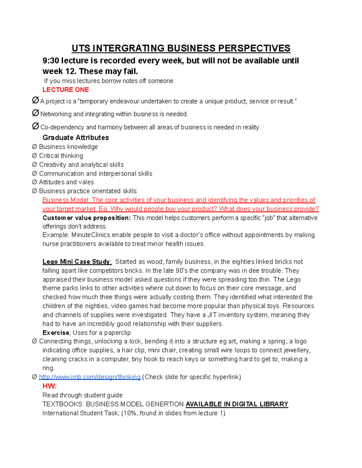 IBP Notes - UTS INTERGRATING BUSINESS PERSPECTIVES 9:30 lecture is ...
