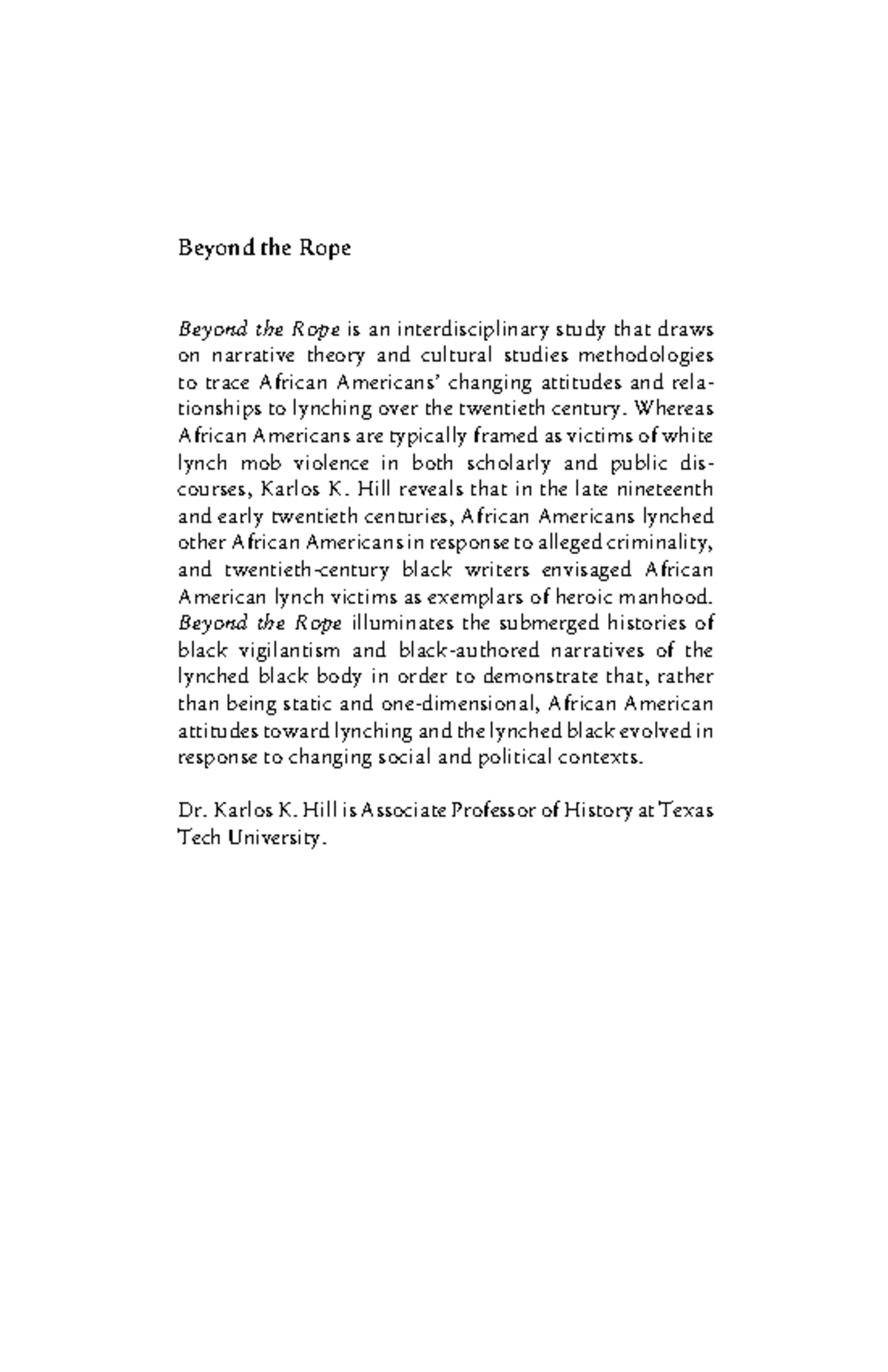 Hill - Beyond the Rope. The Impact of Lynching on Black Culture and ...