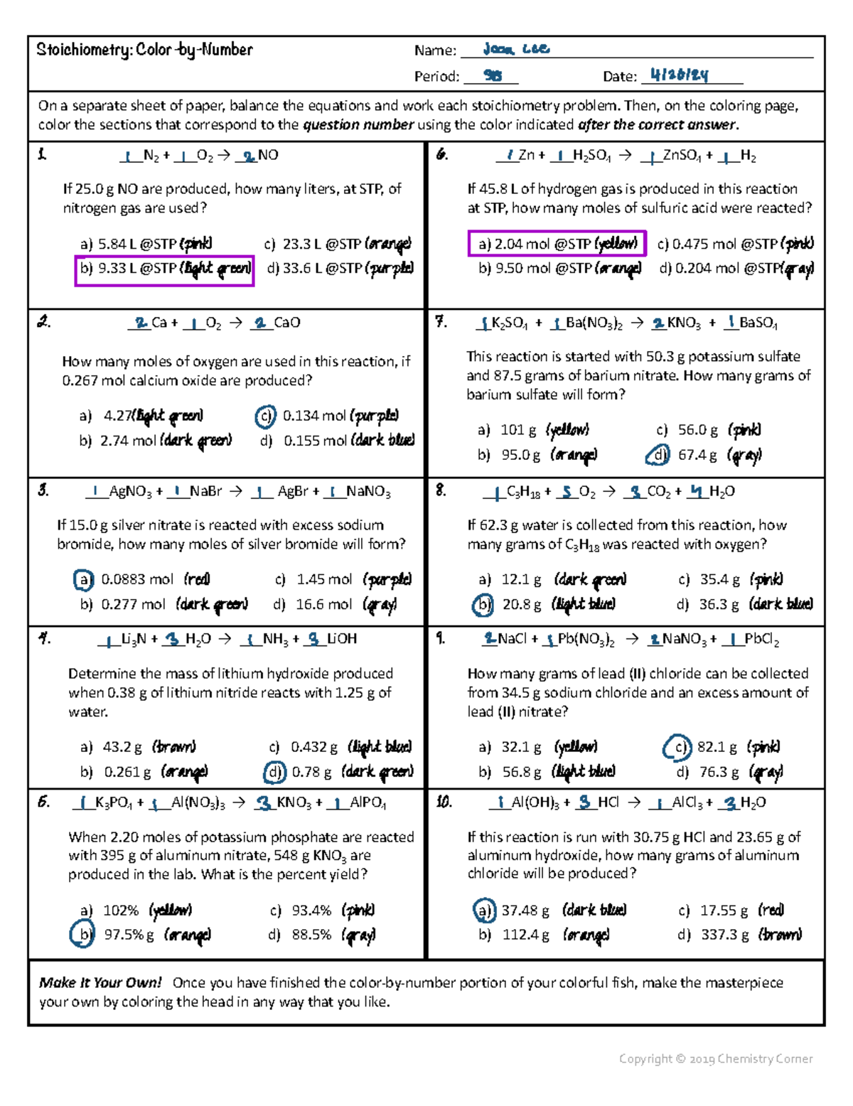 WS 12.5 - Color by Number 2 - Stoichiometry: Color-by-Number Name ...