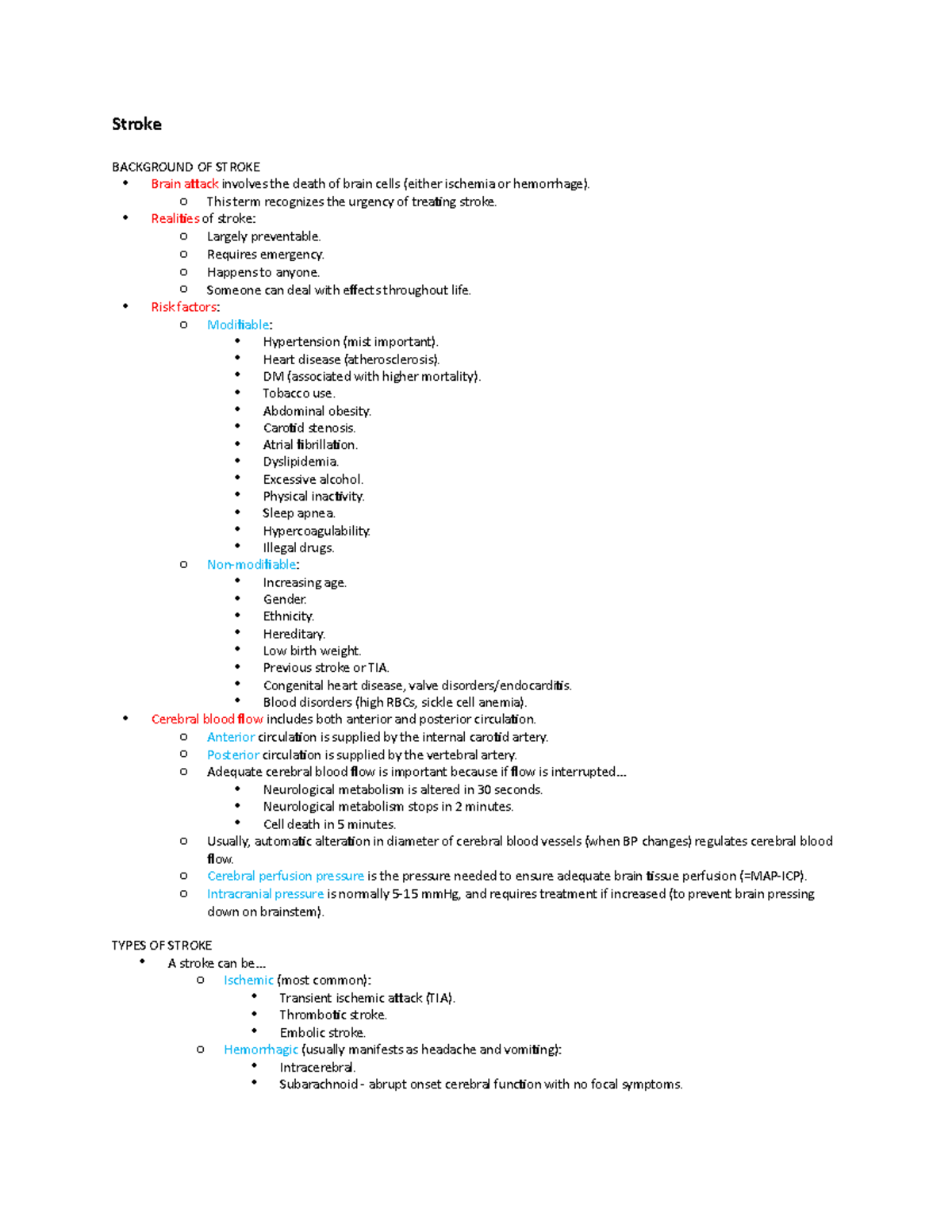 Stroke - Notes - Stroke BACKGROUND OF STROKE Brain attack involves the ...