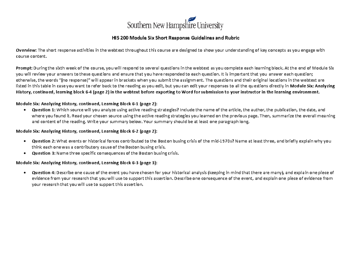 HIS 200 Module Six Short Response Guidelines and Rubric - Prompt ...