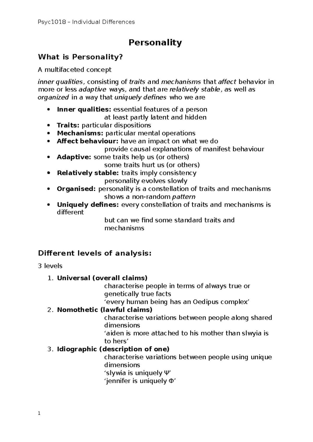 Lecture 1 - introduction - Personality What is Personality? A ...