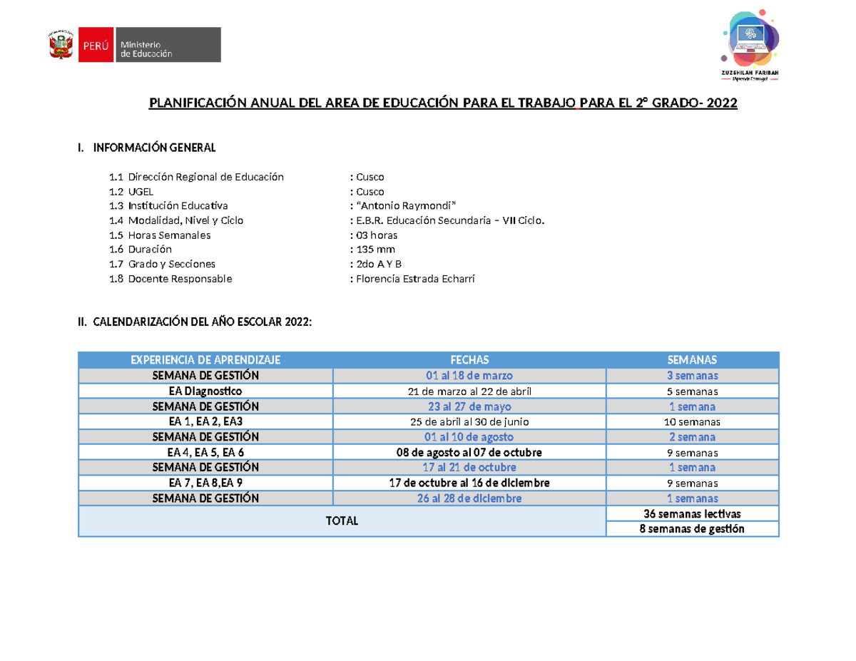 Planificación Anual EPT 1º y 2º Secundaria MInt - PLANIFICACIÓN ANUAL DEL AREA DE EDUCACIÓN PARA ...