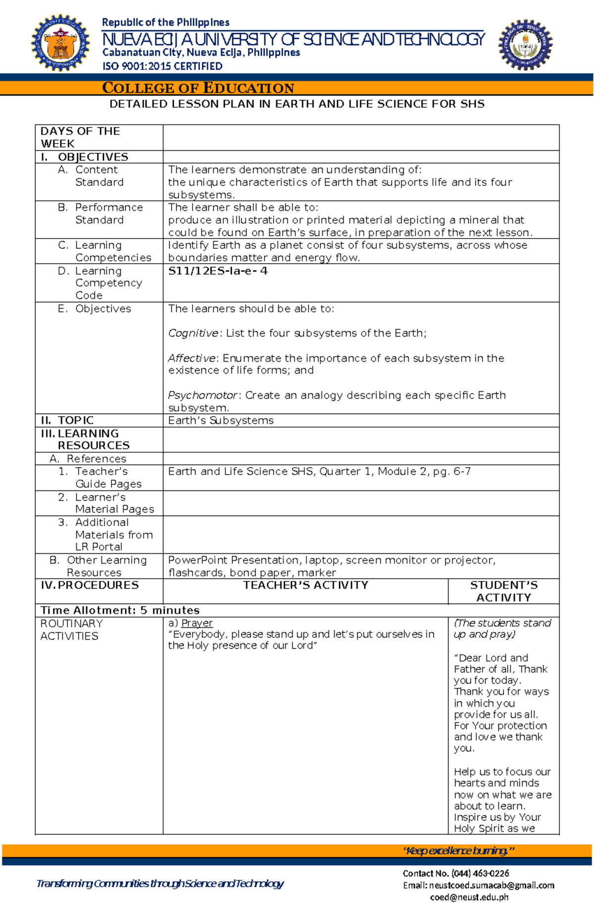 DLP 1 Earth Biosystems - lesson plan - Contact No. (044) 463 - 0226 ...