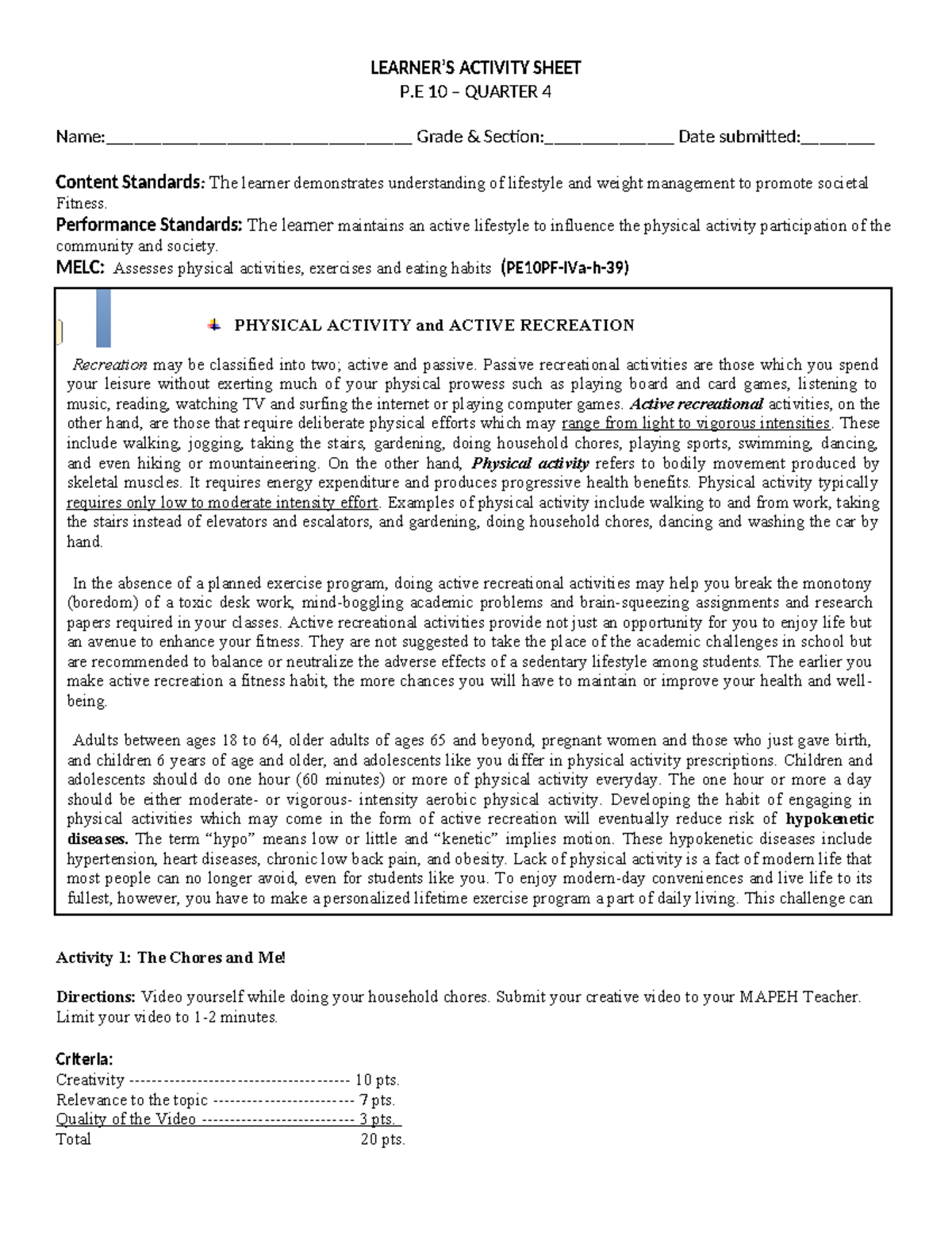 Las-P.E (10) - learning activity sheet - LEARNER’S ACTIVITY SHEET P 10 ...