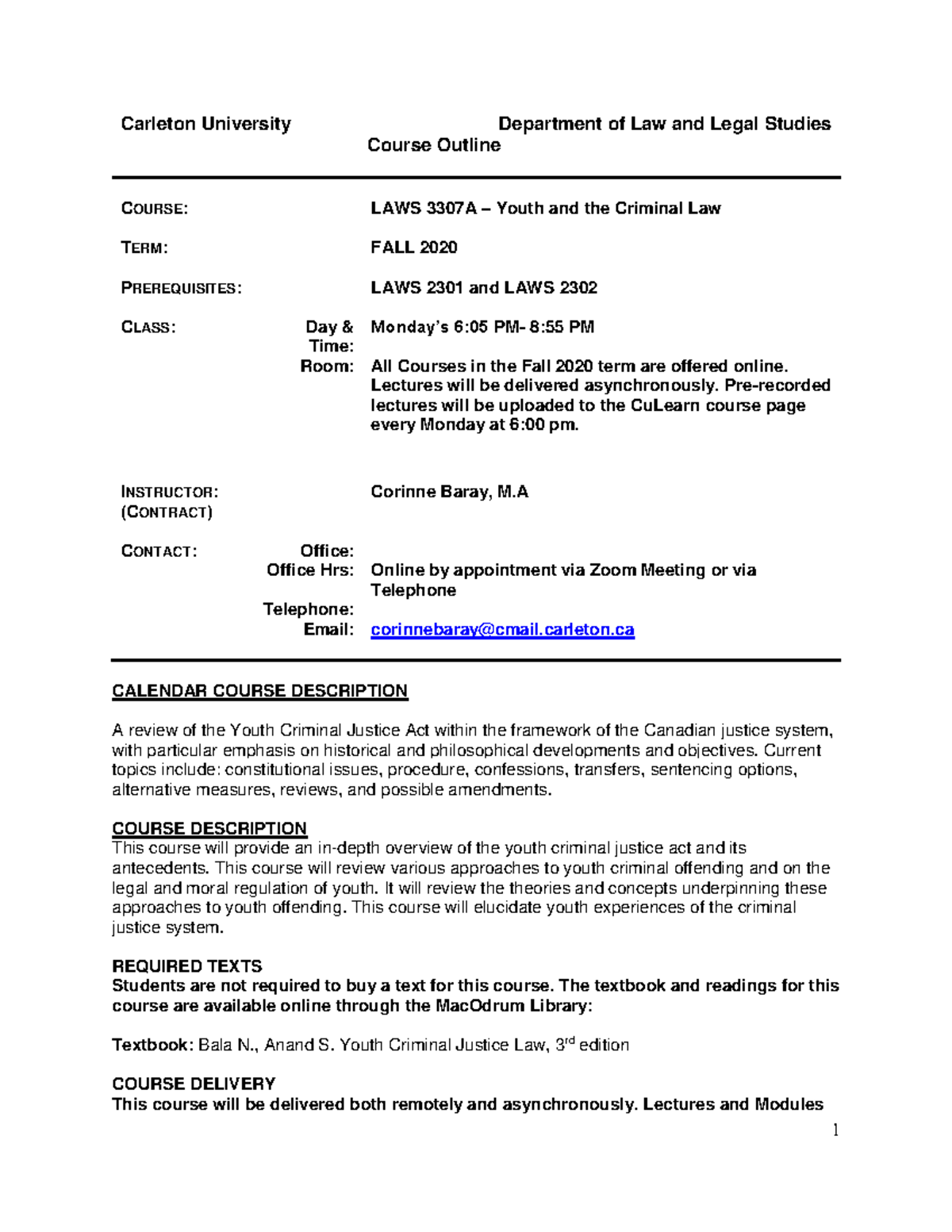 LAWS 3307 A Baray Corinne Fall 2020 Course Outline - Carleton ...