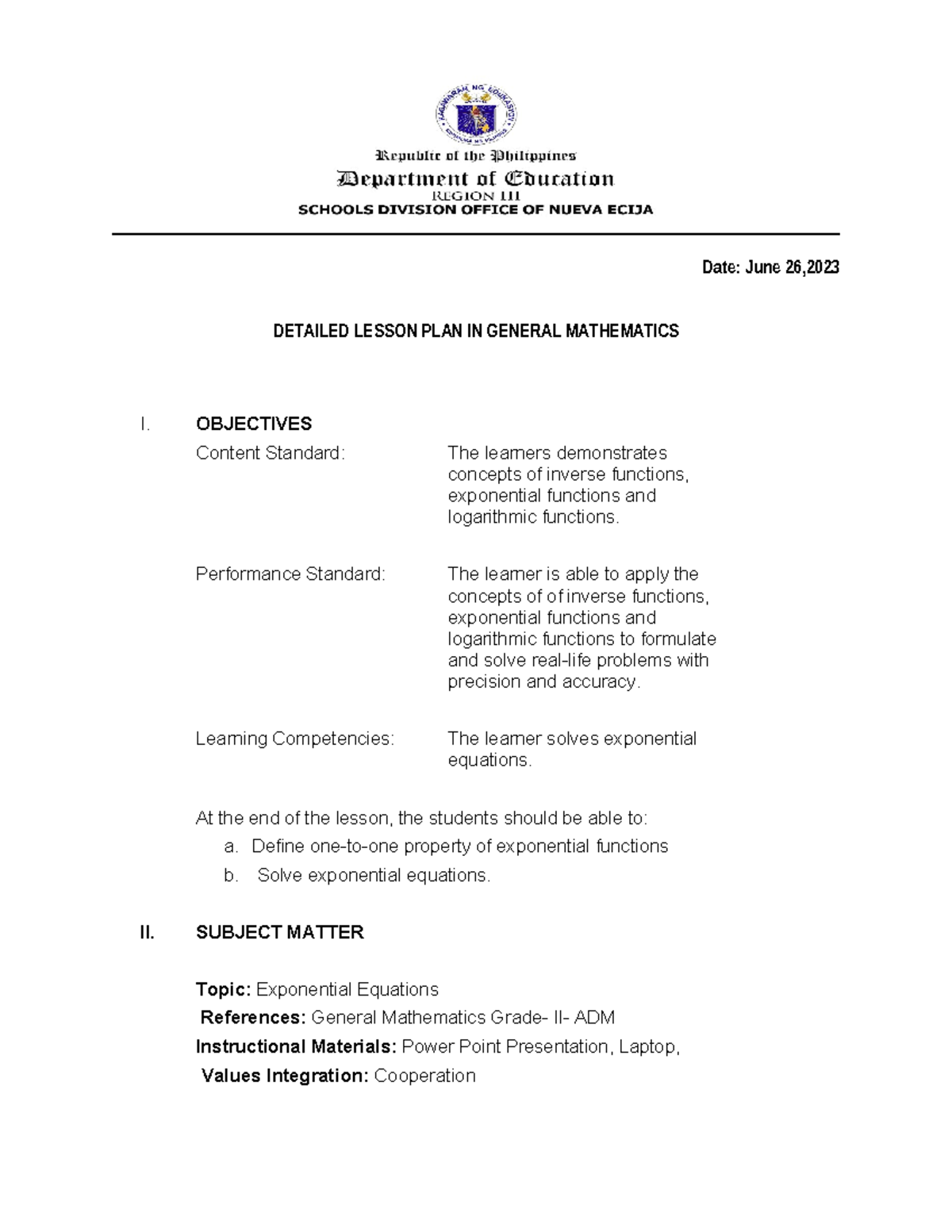 DEMO FOR SHS Lesson PLAN - Date: June 26, DETAILED LESSON PLAN IN ...
