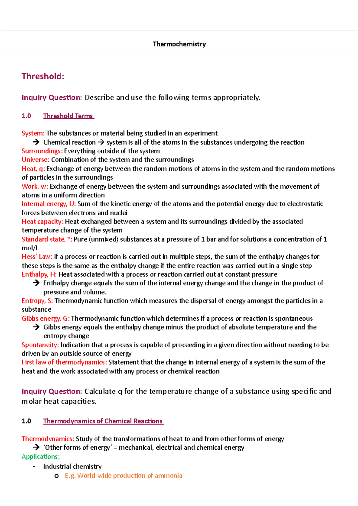 Thermochemistry - Lecture notes - CHEM1011 - UNSW Sydney - Studocu