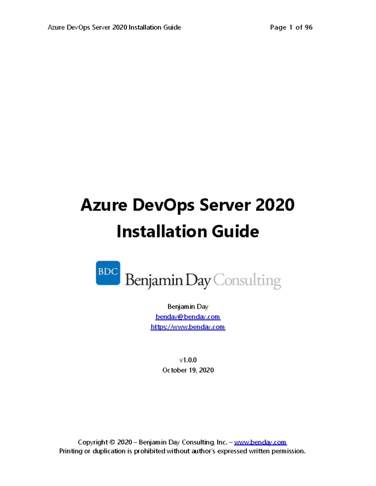 Azdevops 2020 install guide v1 - Copyright © 20 20 – Benjamin Day Consulting, Inc. – benday ...