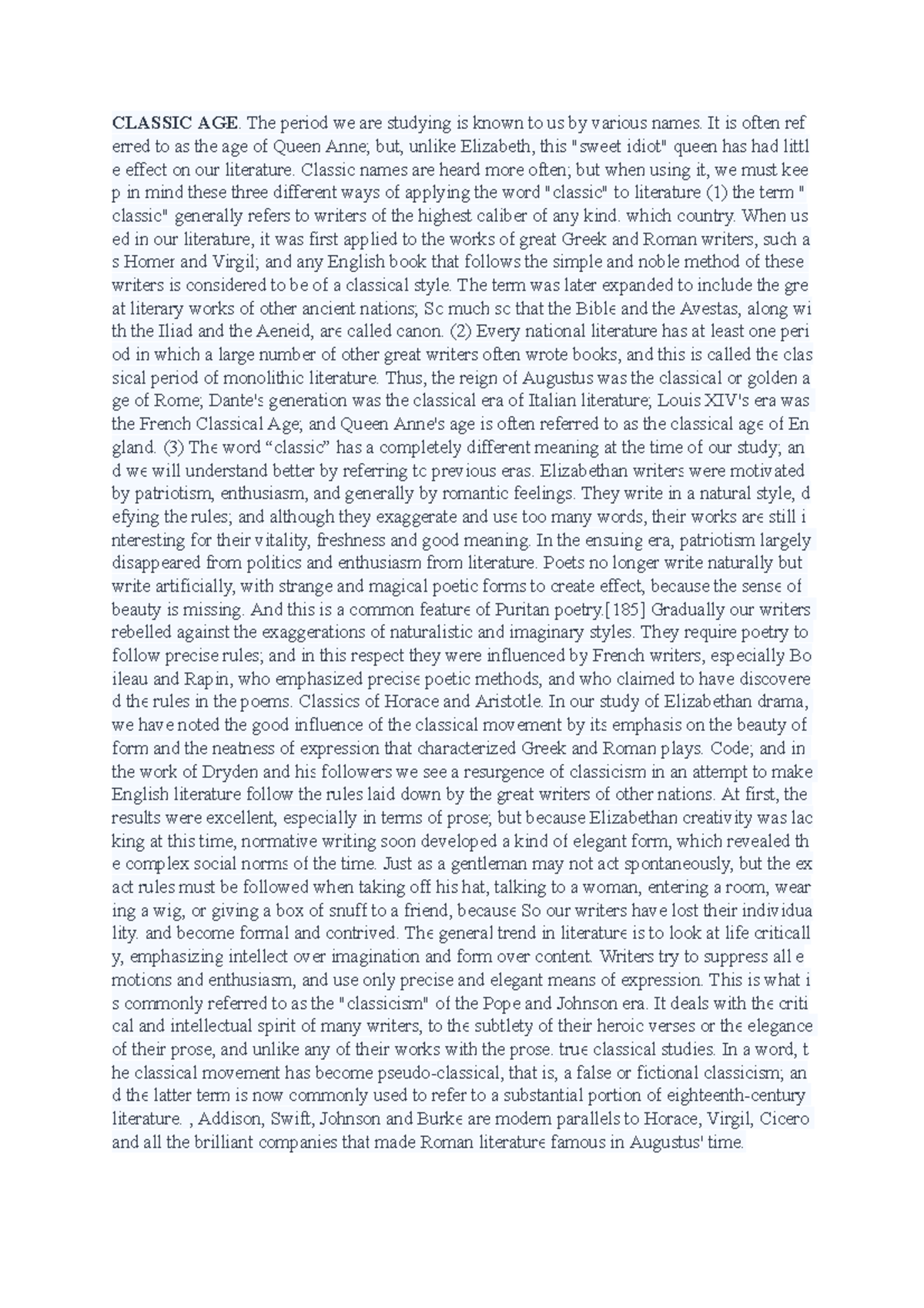 English Literature 2 - CLASSIC AGE. The period we are studying is known to us by various names ...