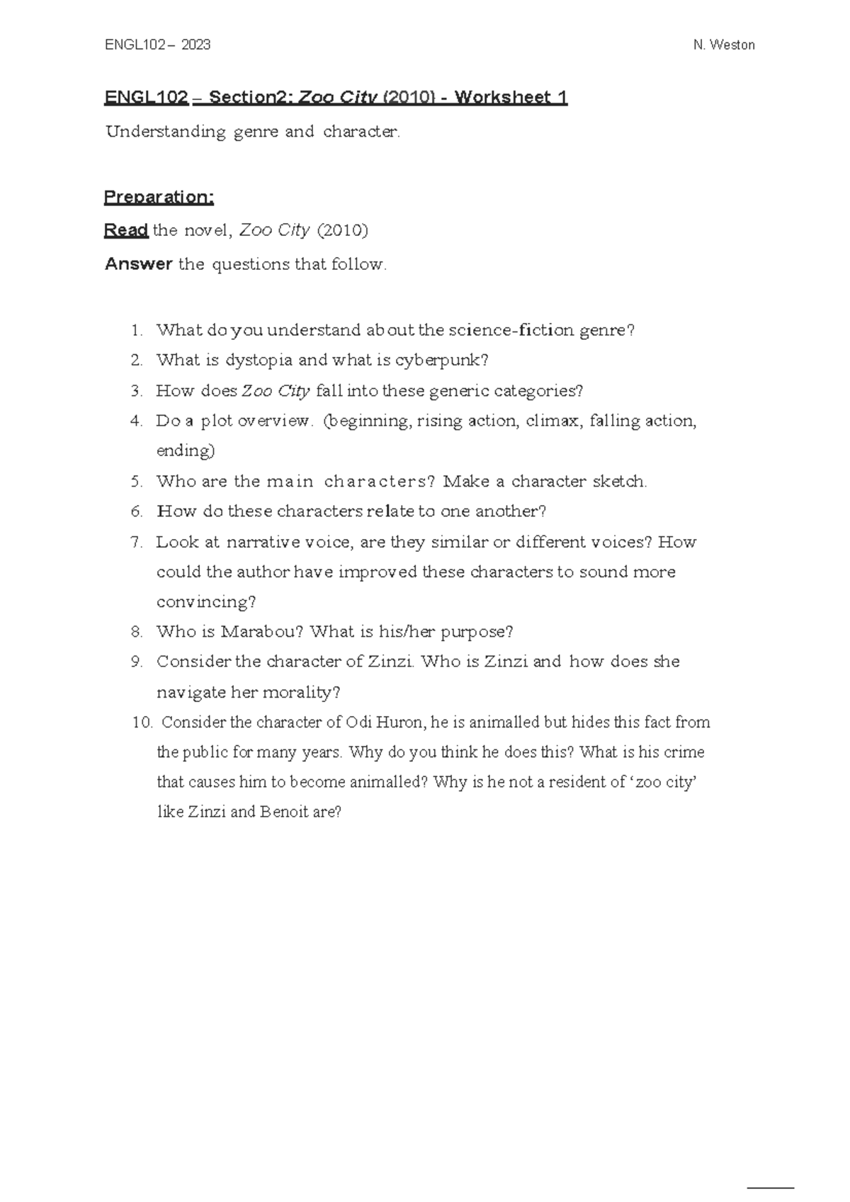 Zoo city novel Worksheet 1 - ENGL102 – 2023 N. Weston ENGL102 ...