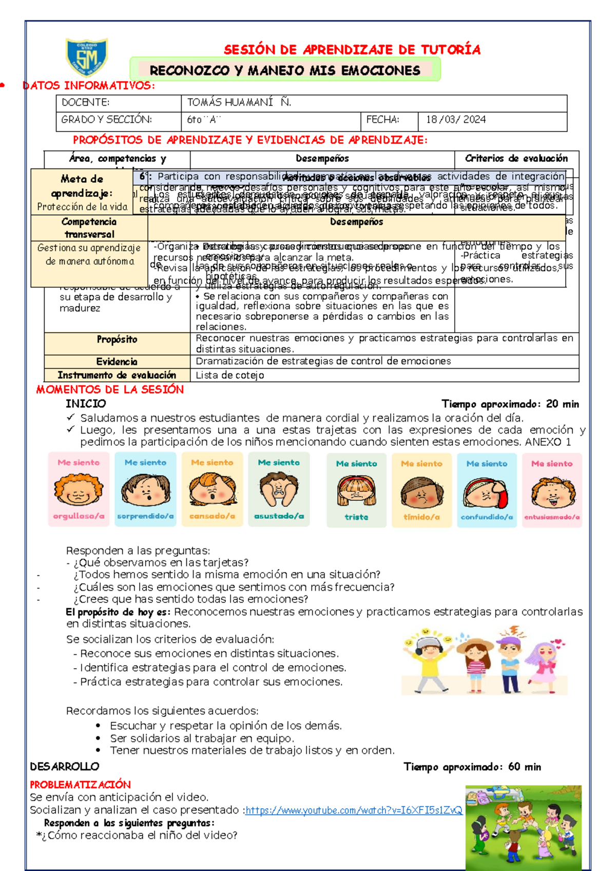 Sesión Tutoría- Conozco Y Manejo MIS Emociones - SESIÓN DE APRENDIZAJE DE TUTORÍA DATOS - Studocu