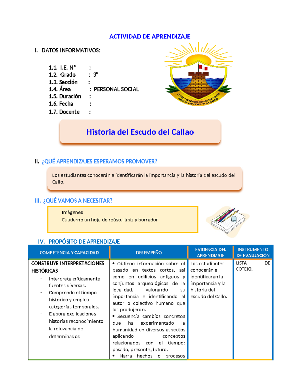 Historia DEL Escudo DEL Callao - ACTIVIDAD DE APRENDIZAJE I. DATOS ...