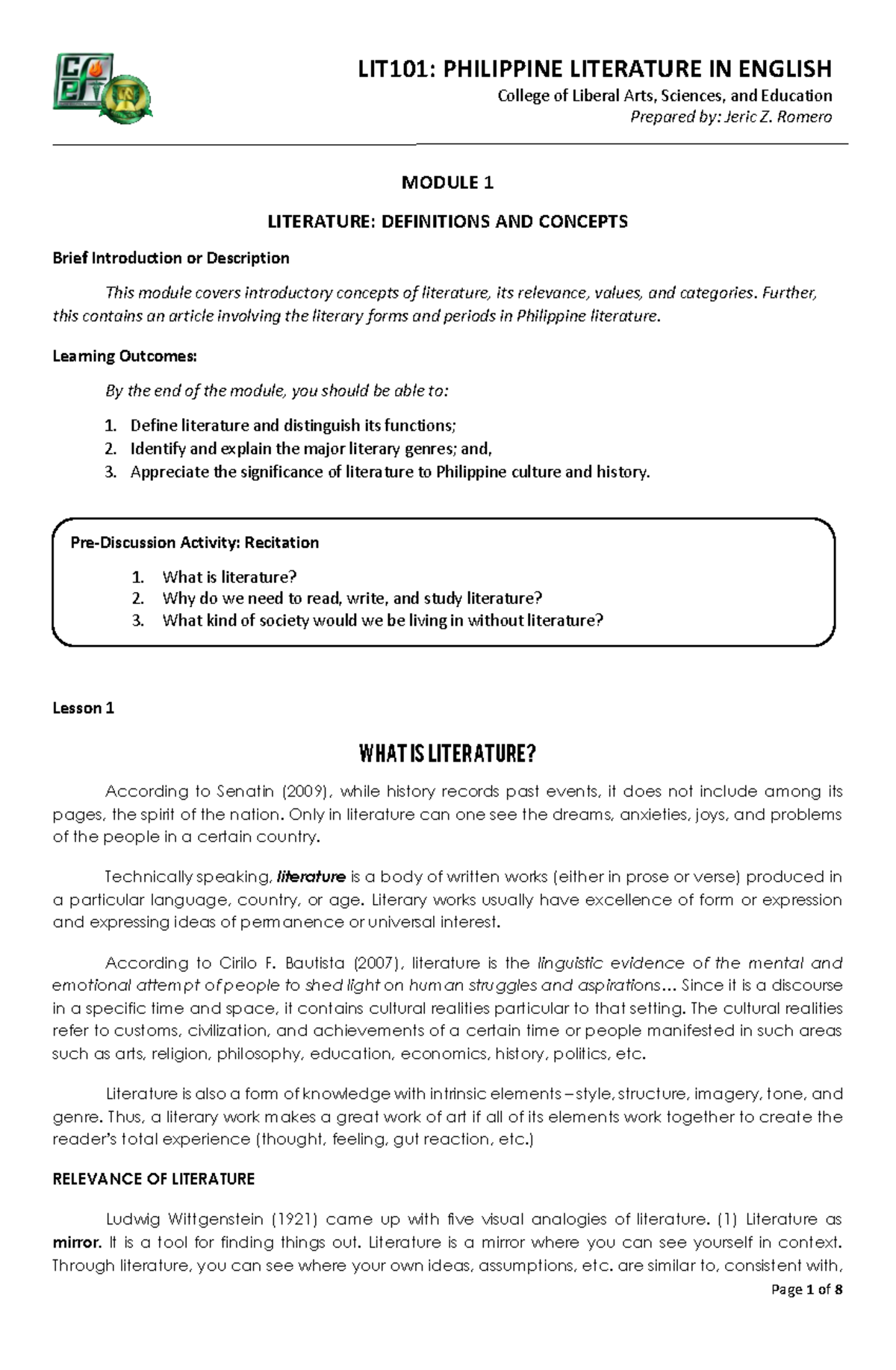 Cqjtqltvc LIT101 Module 1 - College of Liberal Arts, Sciences, and ...