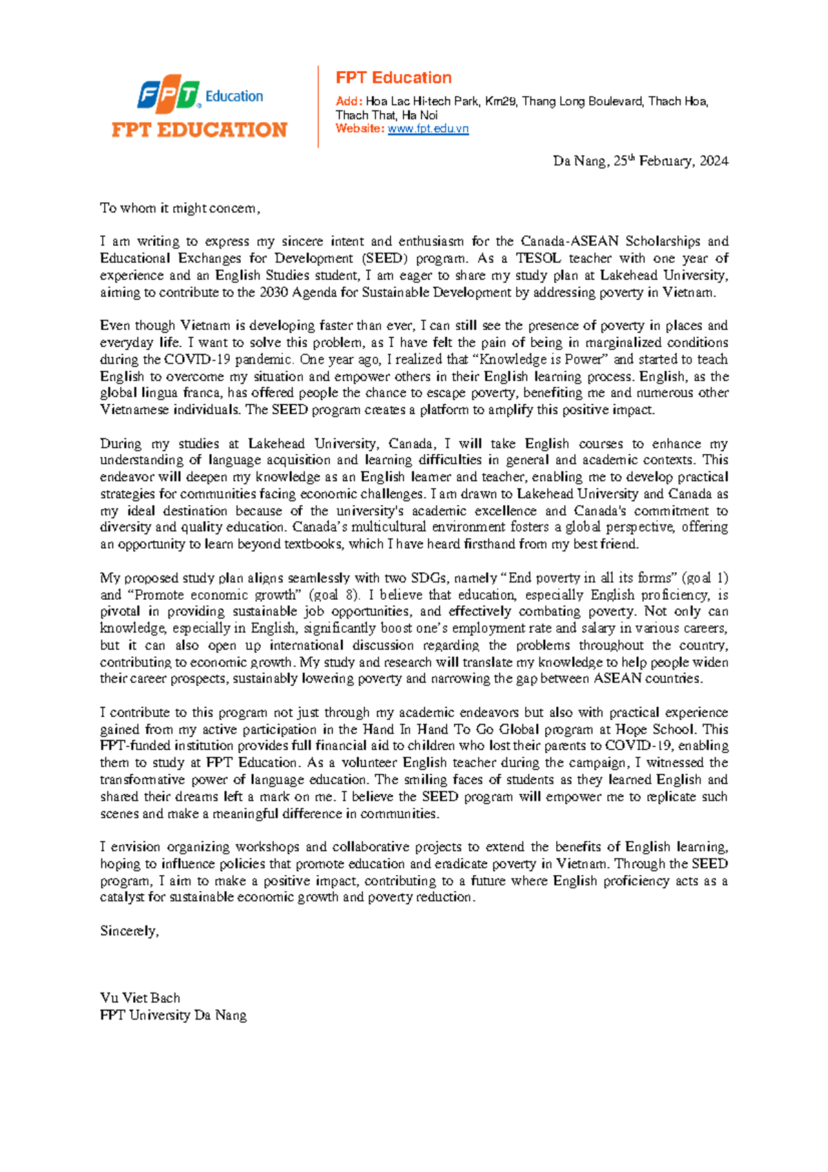 Vu Viet Bach - Letter of intent - FPT Education Add: Hoa Lac Hi-tech ...
