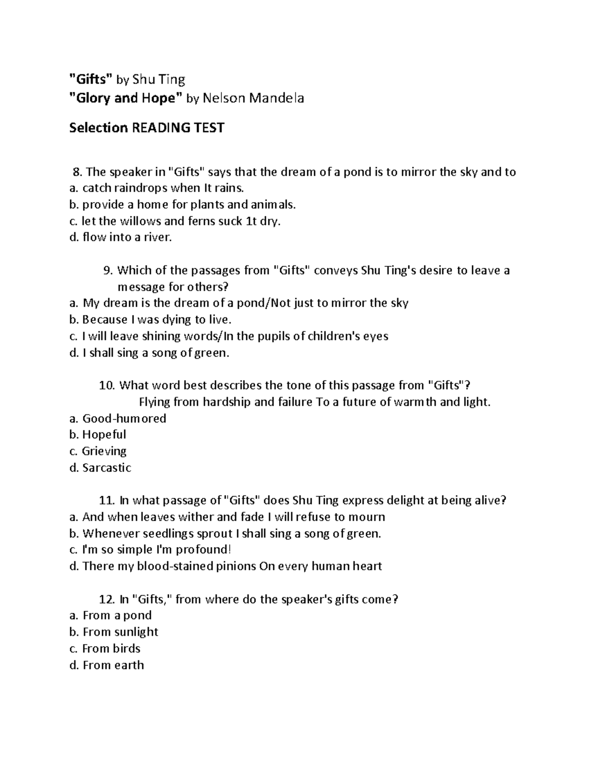 Gifts glory hope reading test 2-2 - "Gifts" by Shu Ting "Glory and Hope ...