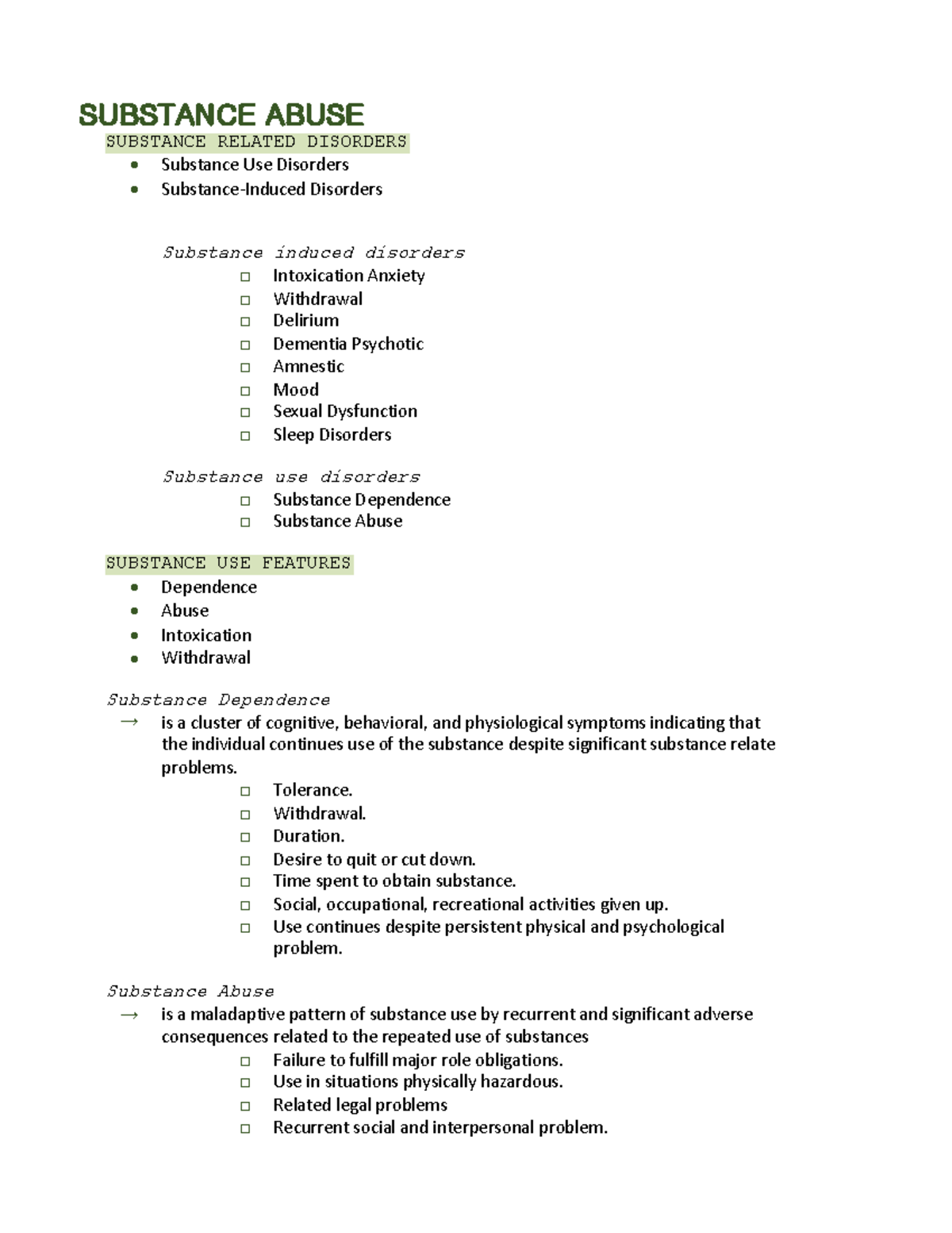 Substance Abuse - Lecture notes 1 - SUBSTANCE RELATED DISORDERS ...