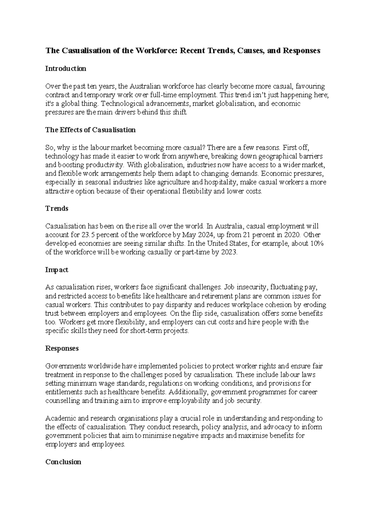 Casualisation of Workforce - The Casualisation of the Workforce: Recent ...