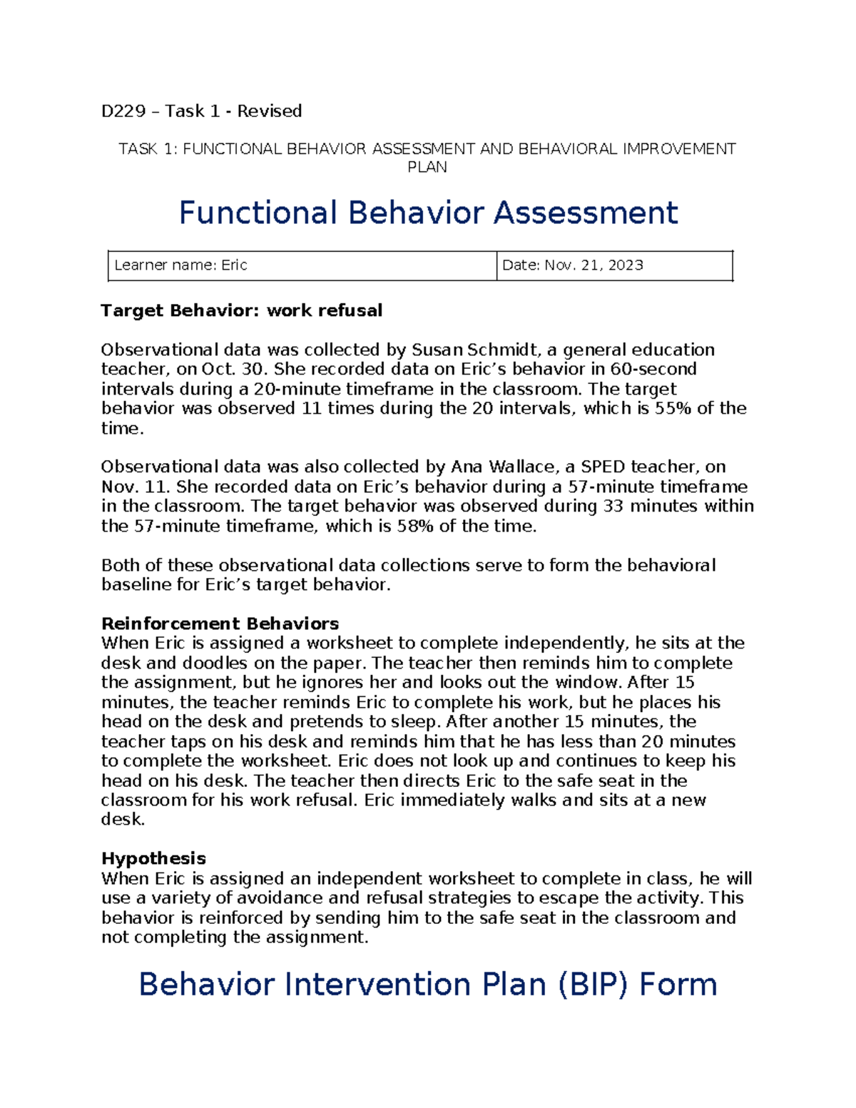 D229 Task 1 FBA BIP Form - Passed after revision - D229 – Task 1 ...