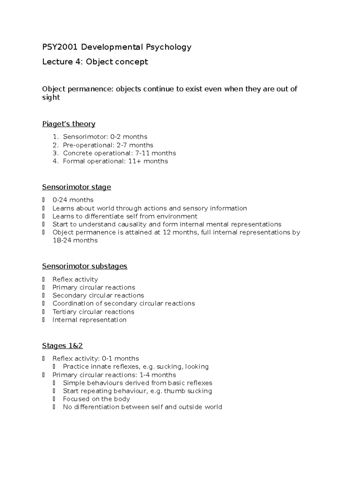 Developmental Psychology: Object Concept - PSY2001 Developmental ...