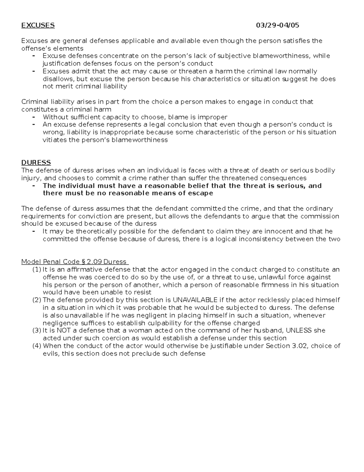 Excuses Notes-Textbook Readings and Class Notes - Excuses are general ...